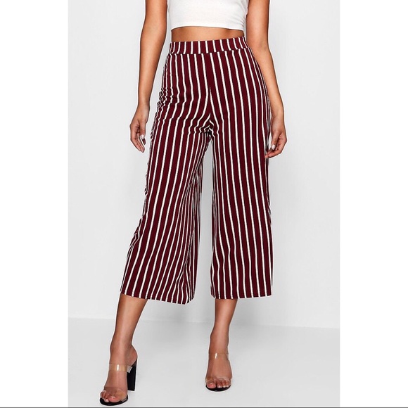 Boohoo | Pants & Jumpsuits | Boohoo Berry Burgundy White Striped Wide ...